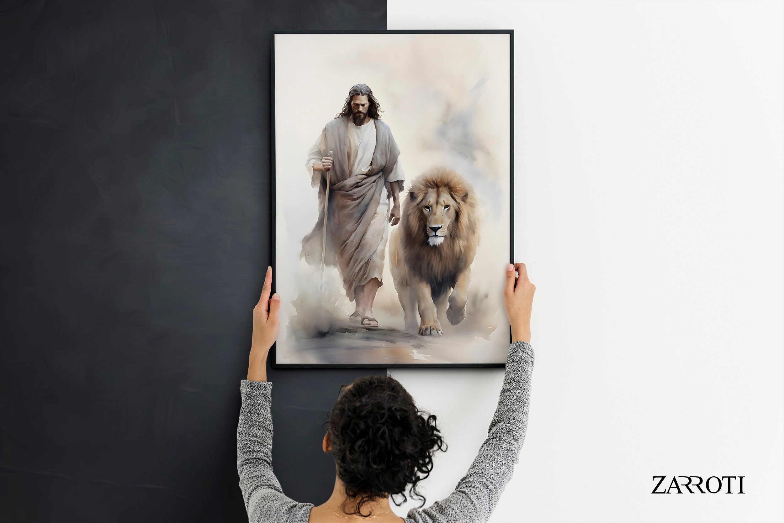 Jesus and Lion Painting Instant Download, Jesus and Lion Watercolor Art ...