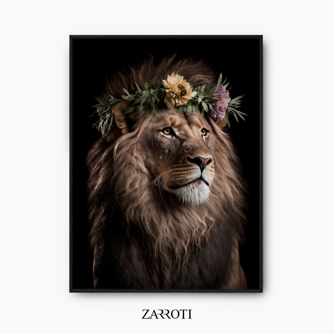 Lion Flower Art Poster, Lion King Flower Crown Wall Art, Modern Lion ...