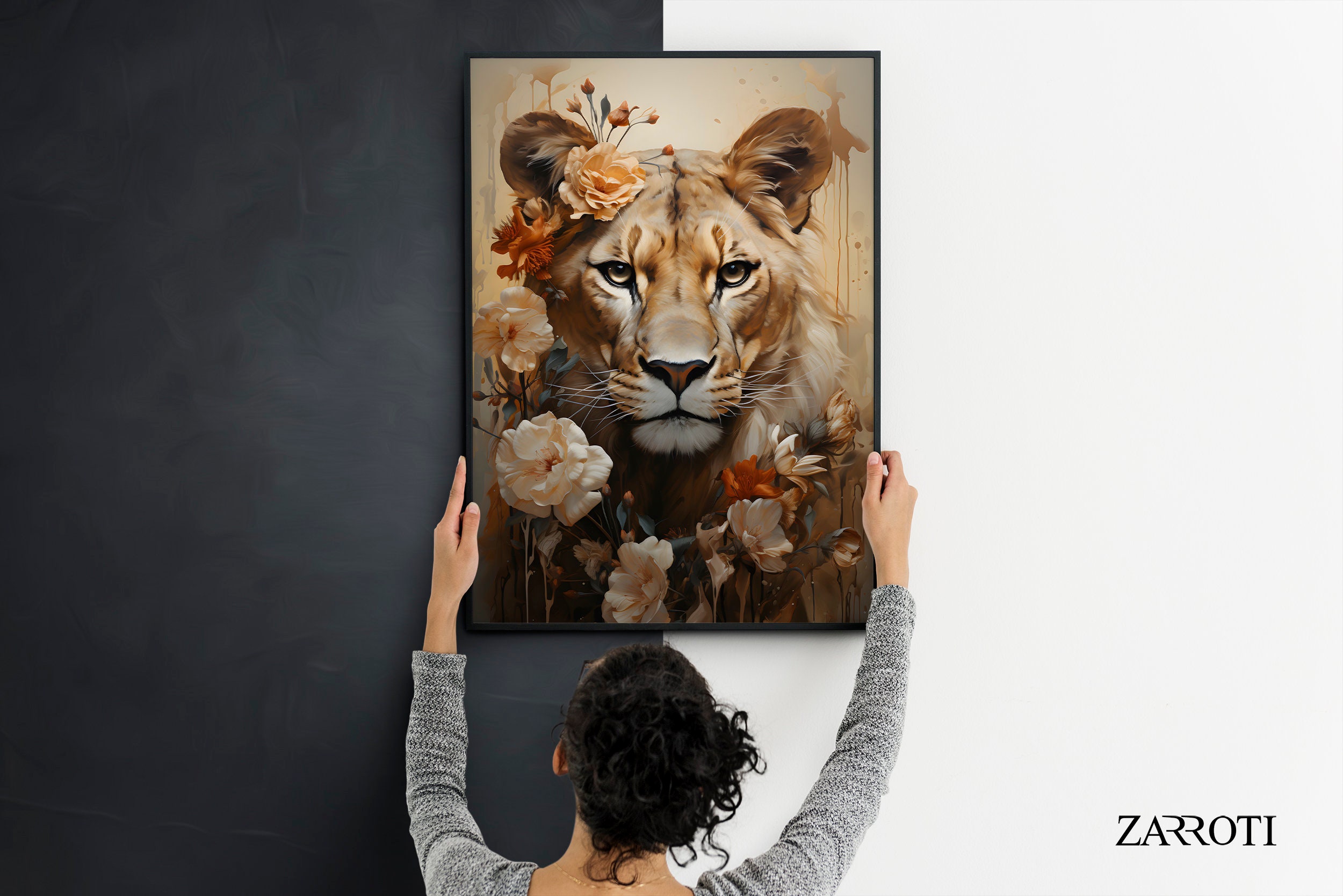 Abstract Lioness Flower Wall Art, Modern Lioness Decor, Jungle Animal ...