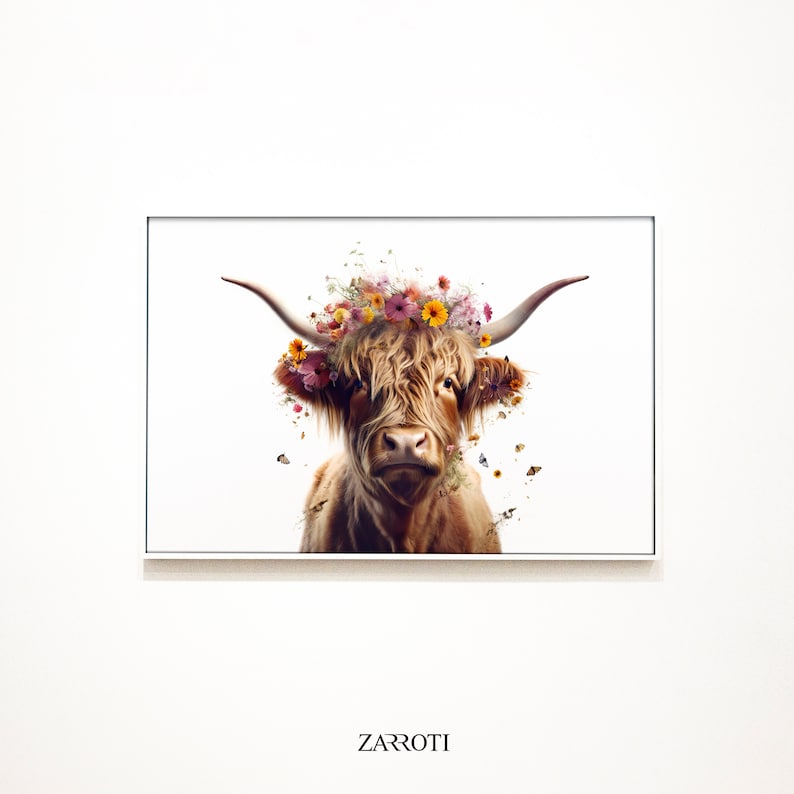 Highland Cow Flower Crown Printable Art , Highland Cow Flowers Instant ...