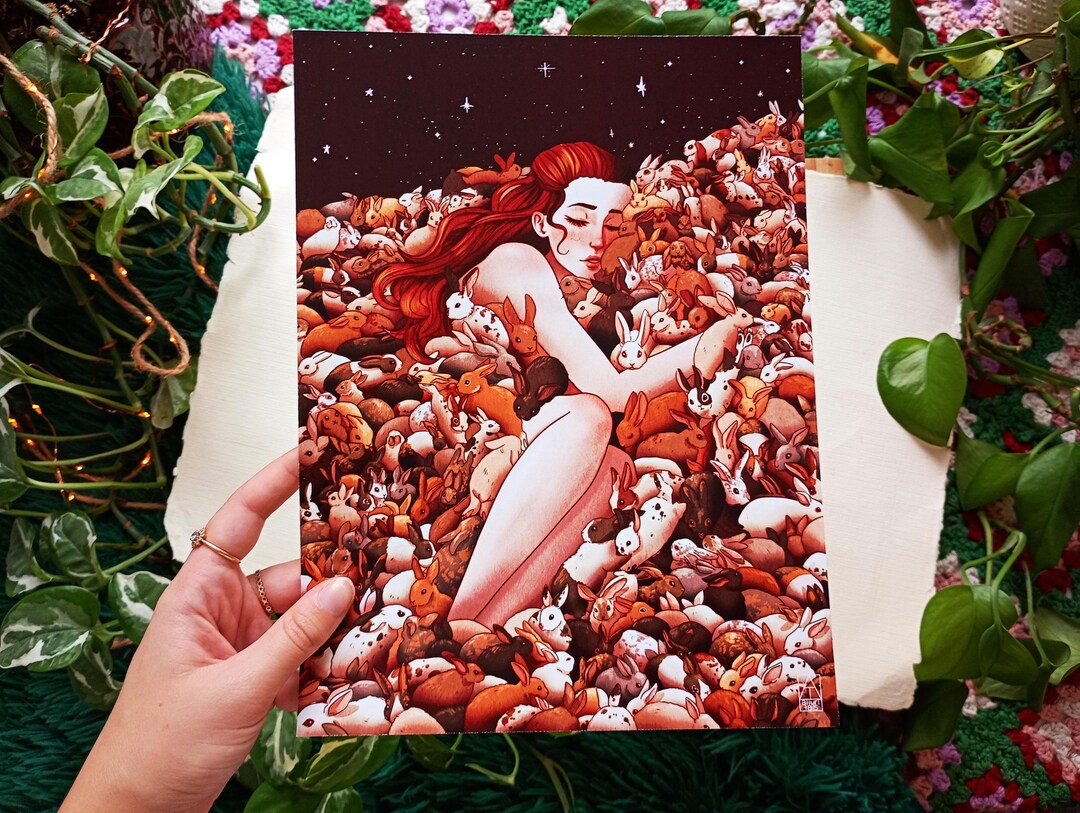 Surreal Poster Rabbits Hand-drawn Illustration of Rabbits and Cozy ...