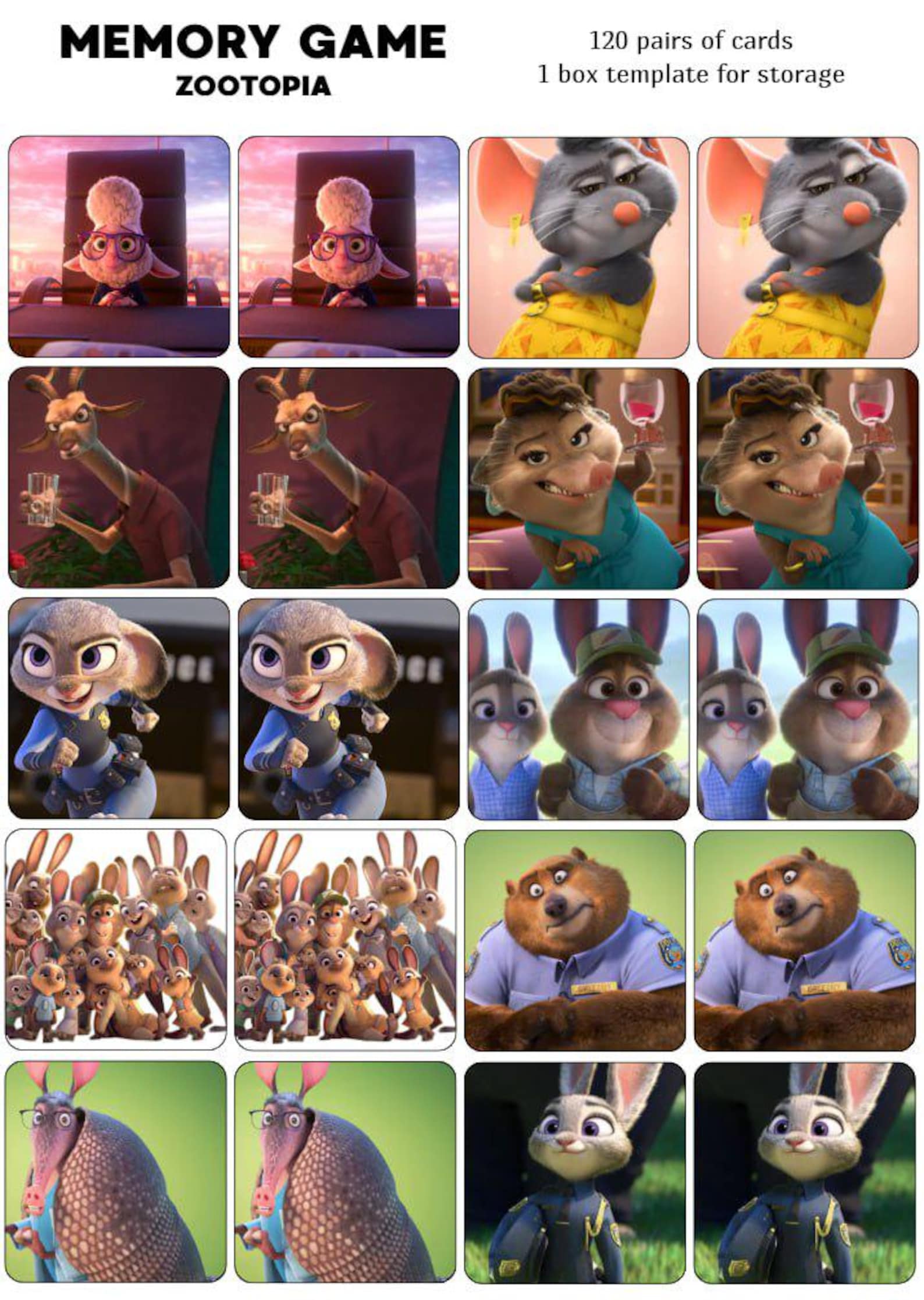Zootopia Memory Game – 120 Pairs of Cards, Printable Storage Box ...