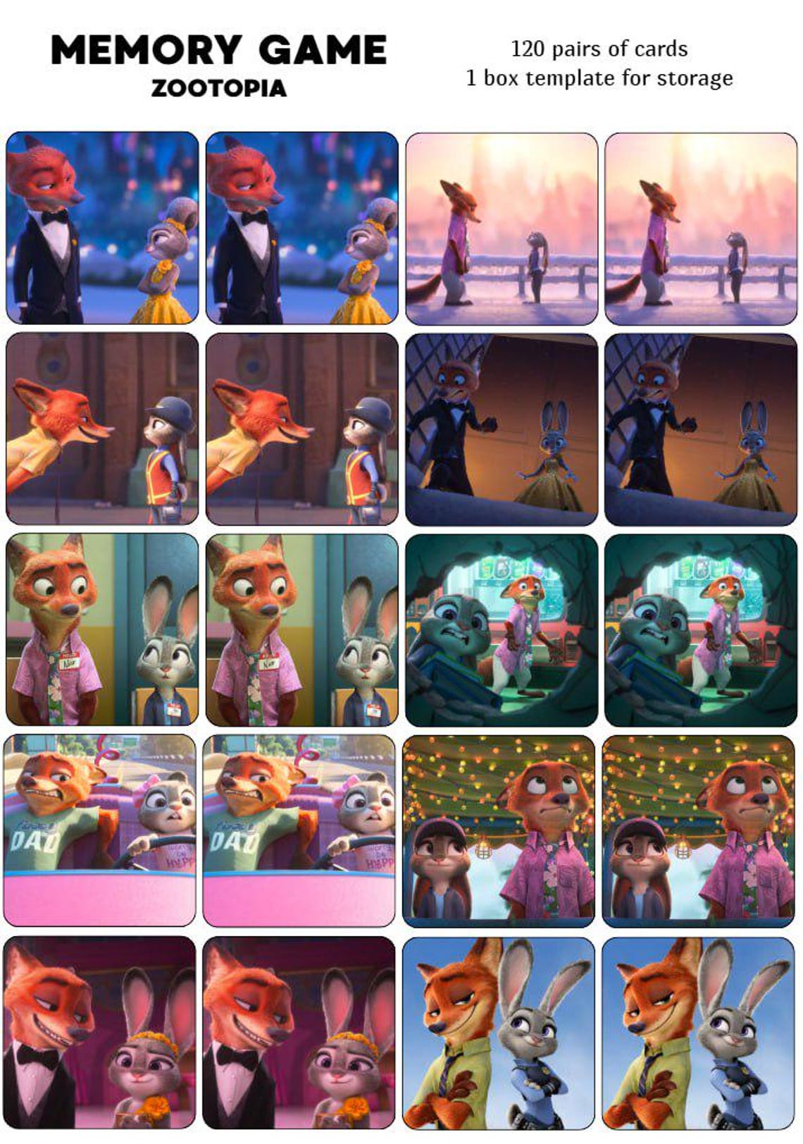 Zootopia Memory Game – 120 Pairs of Cards, Printable Storage Box ...