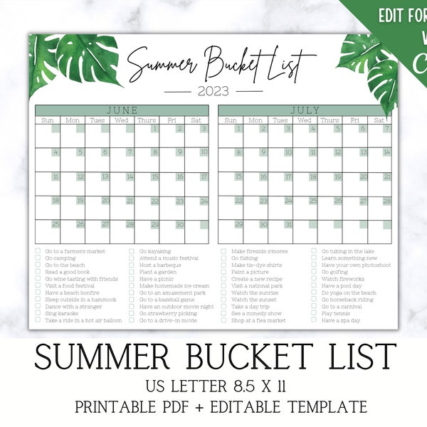 Summer Bucket List Editable Canva - Etsy
