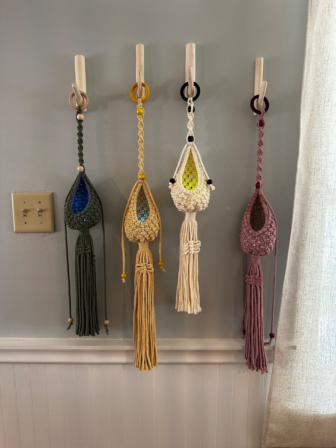 Boho Chic Macrame Hanging Woven Baskets, Bobbiny Cord, Wooden Bead ...