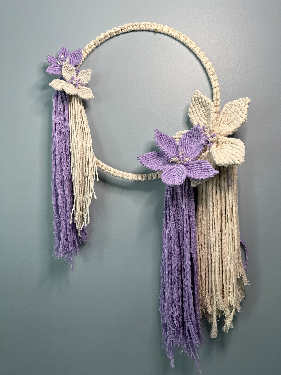 Boho Macrame Wreath Home Decor Country Craft Flowers in Cream and Sage ...