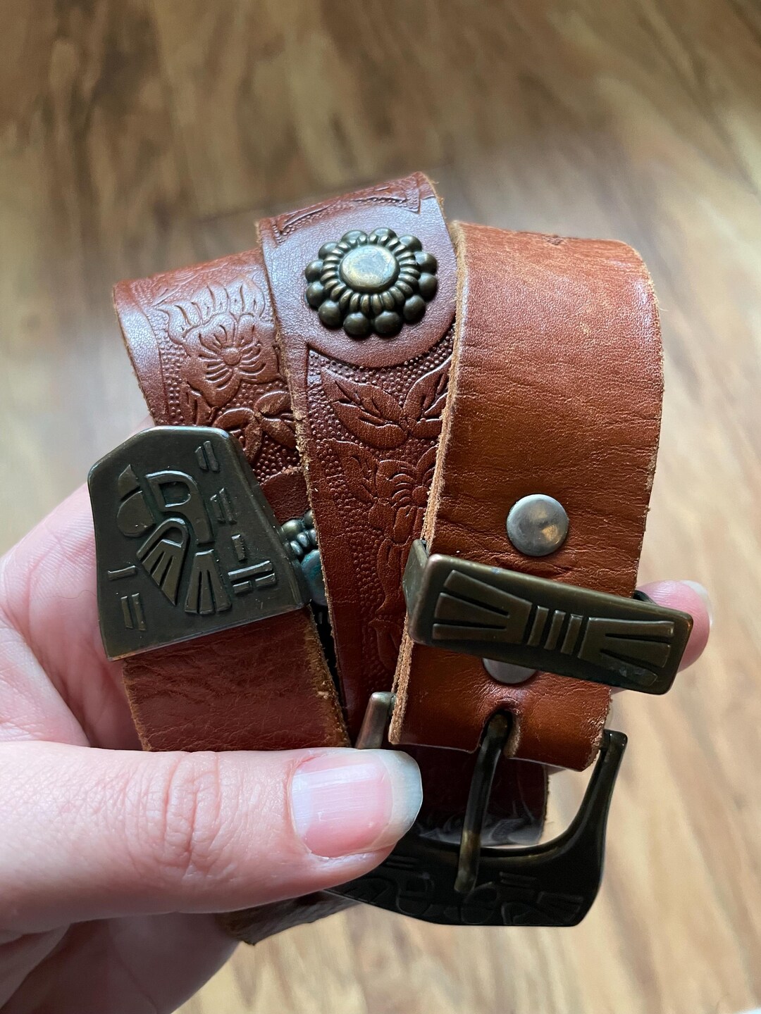 Vintage Unisex Mexican Traditional Aztec Ethnic Brown Tooled Leather ...