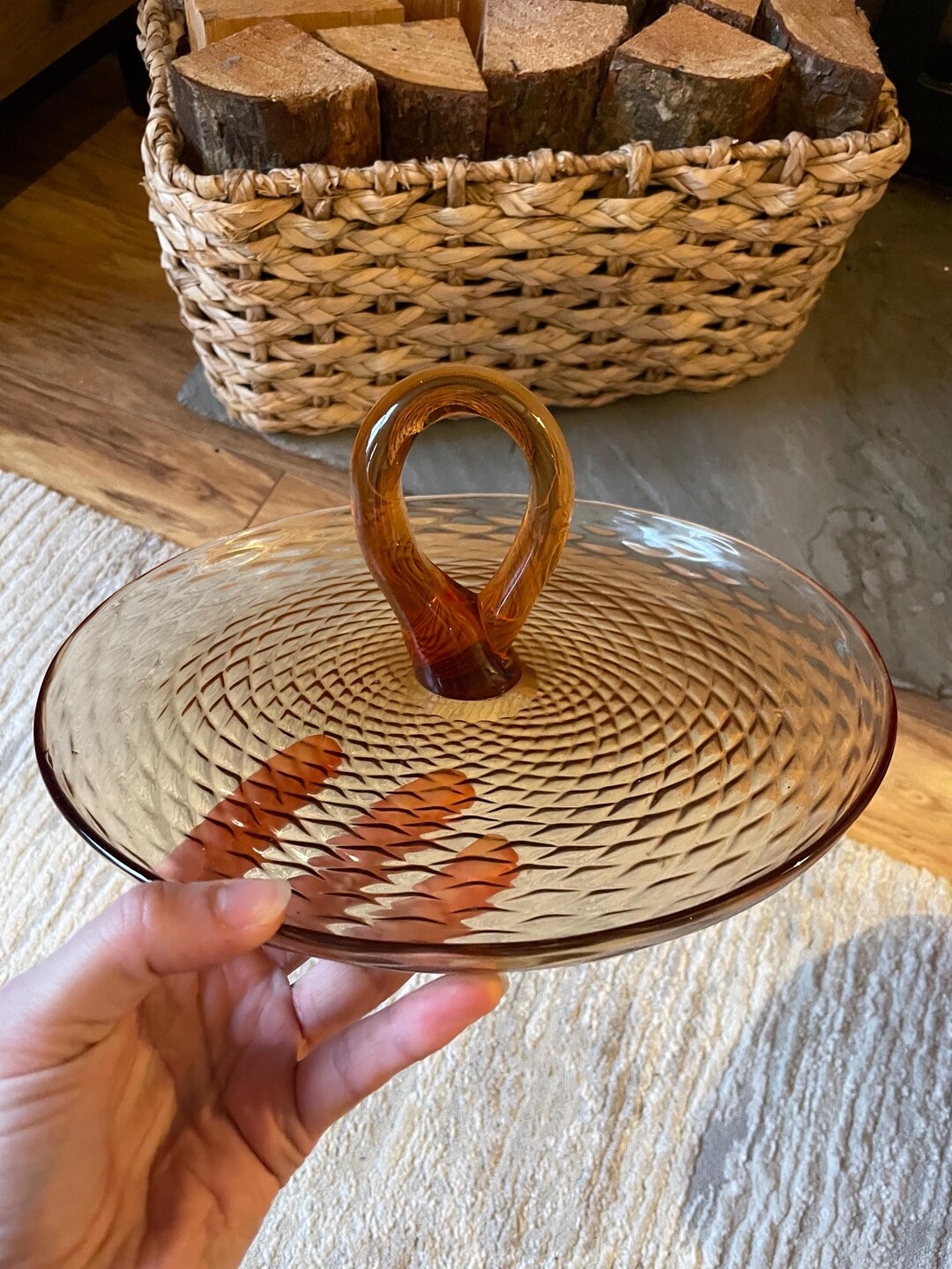 Vintage 1950s Amber Webb Glass Patterned Round Cake Serving Stand ...