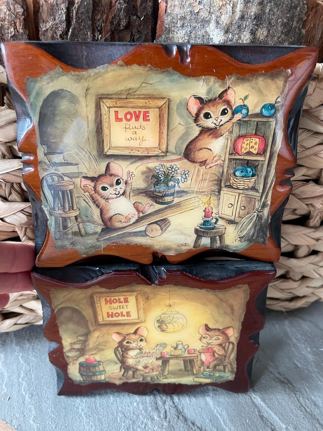 2 Vintage 1970s W.M Otto Print Mouse Cute Home Wooden Plaques Kitsch ...