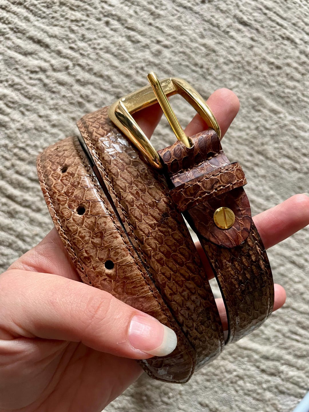 Vintage Men’s Real Snake Skin Brown Leather Belt Solid Brass Buckle ...