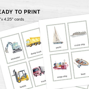 Printable Transport Flashcards Montessori Learning - Watercolor 3 Part ...