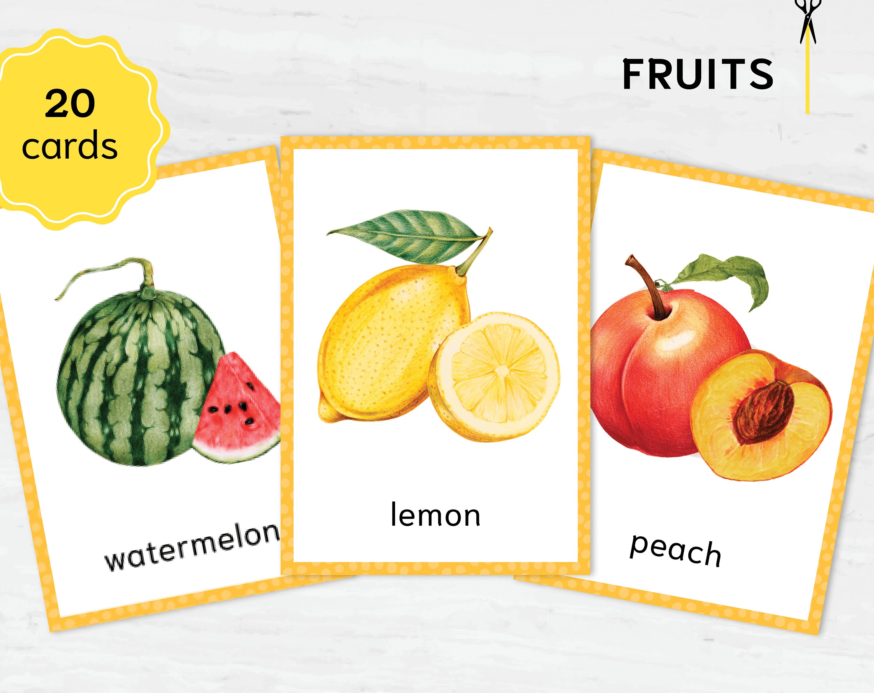 Montessori Fruit Flashcards. Vibrant Watercolor Learning Set - Etsy