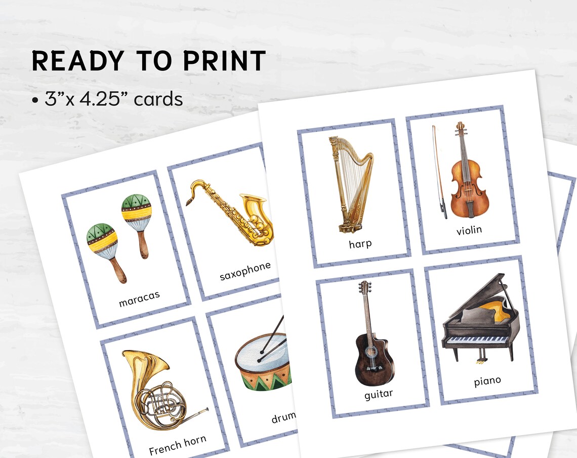 Musical Instruments Flashcards. Printable Watercolor Montessori 3 Part ...