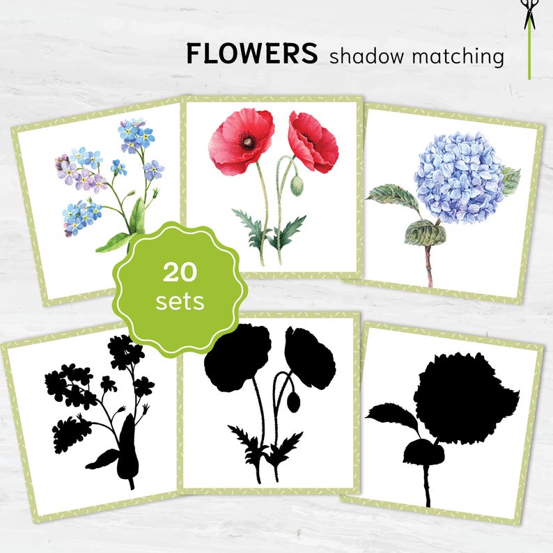 Flower Shadow Matching Cards: Montessori Learning Game (PDF Download ...