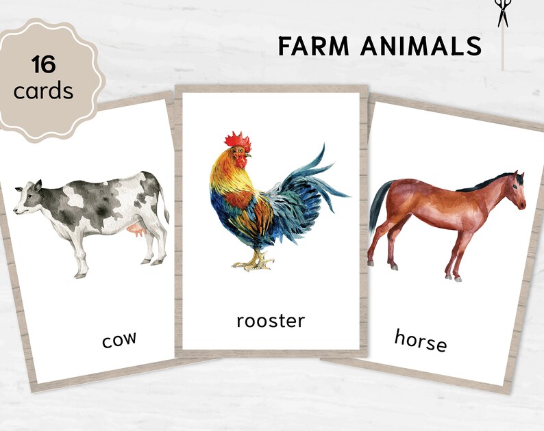 Watercolor Montessori Flashcards Farm Animals Learning A - Etsy