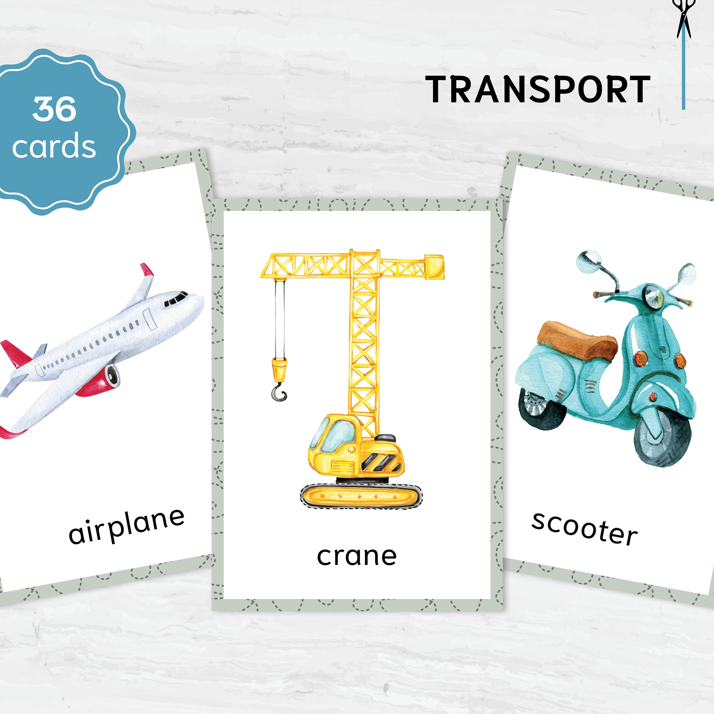 Printable Transport Flashcards Montessori Learning - Watercolor 3 Part ...