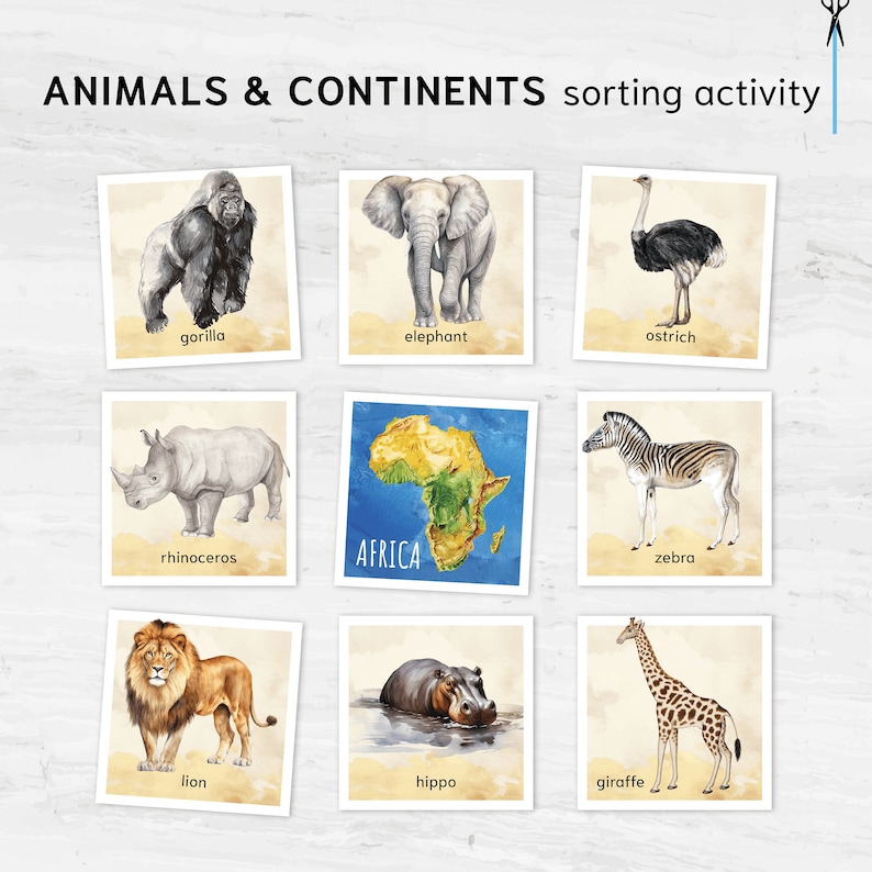 Animals Continents Matching Adventure. Printable Montessori Geographic ...