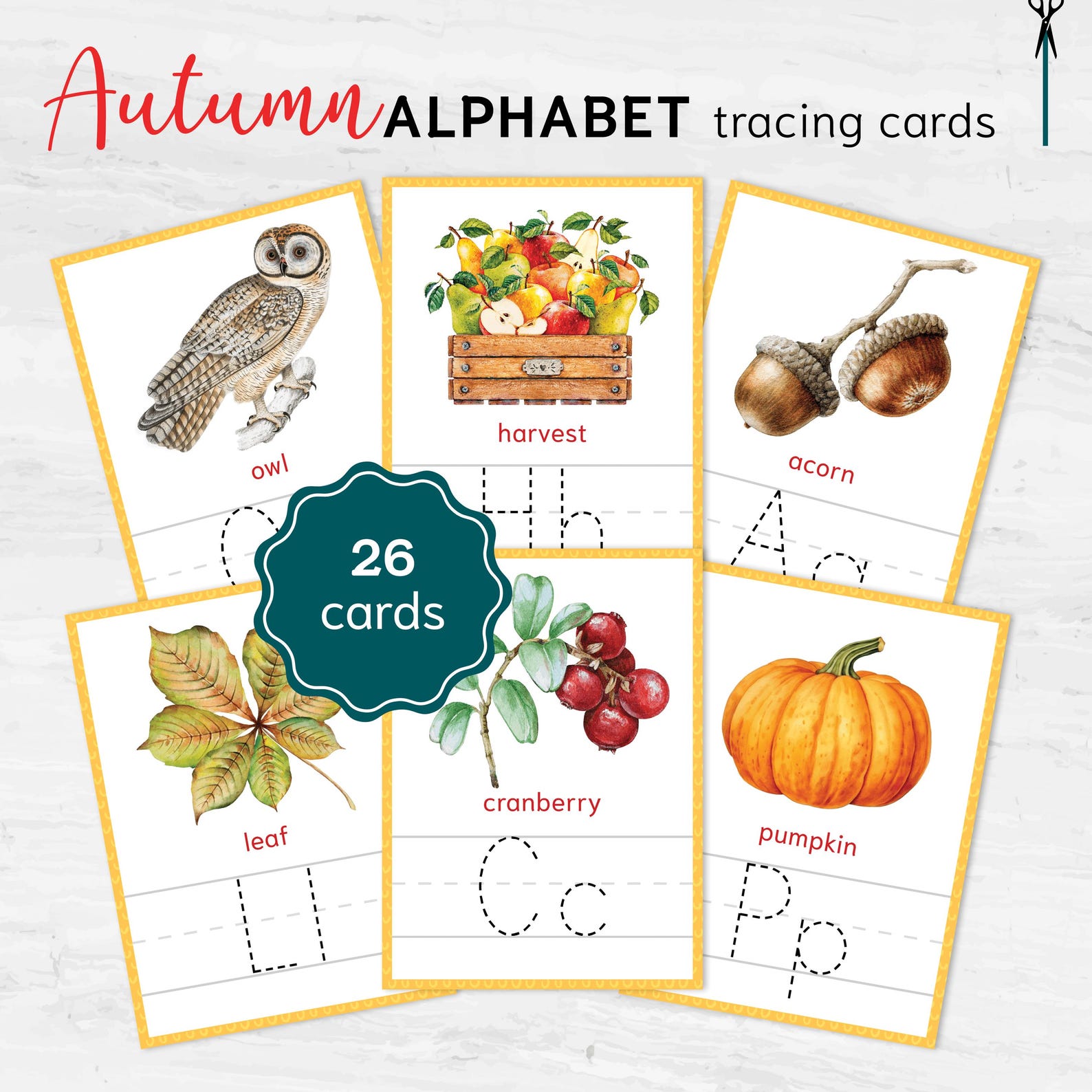 Fall Alphabet Tracing Cards Printable Autumn Themed Letter Learning ...