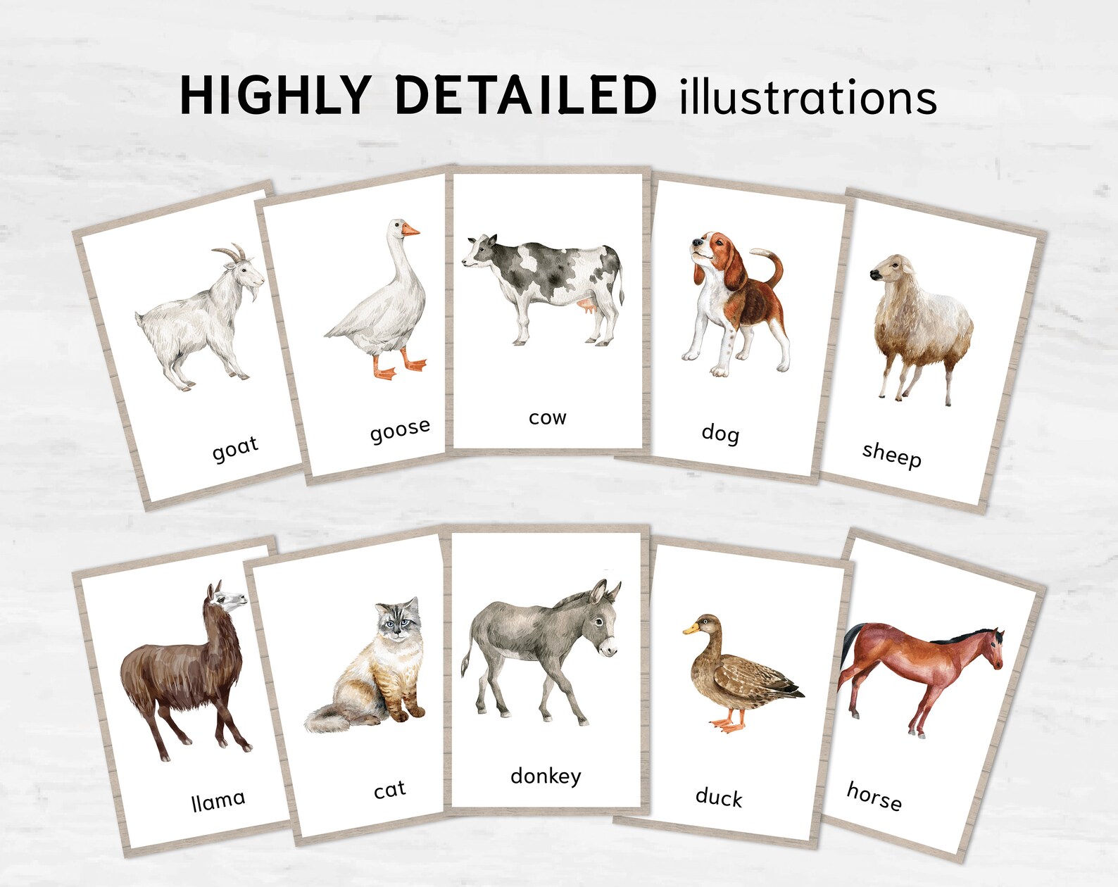 Watercolor Montessori Flashcards Farm Animals Learning A Printable ...