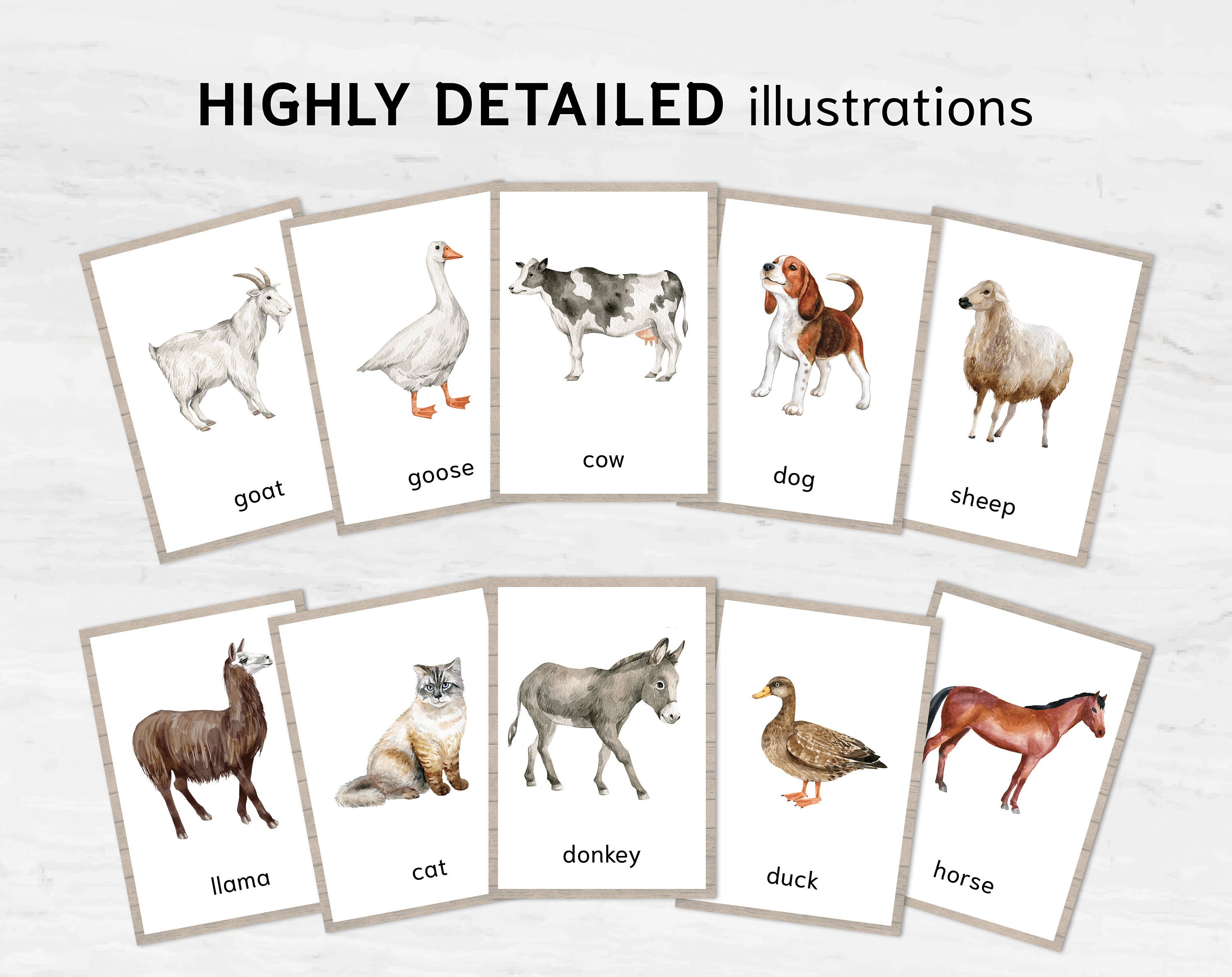 Watercolor Montessori Flashcards Farm Animals Learning A Printable ...