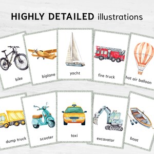 Printable Transport Flashcards Montessori Learning - Watercolor 3 Part ...