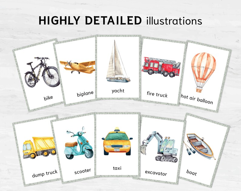 Printable Transport Flashcards Montessori Learning - Watercolor 3 Part ...