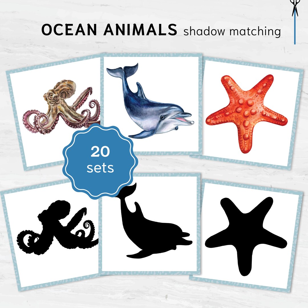 Ocean Shadow Matching Cards. Printable Watercolor Sea Animal Cards ...
