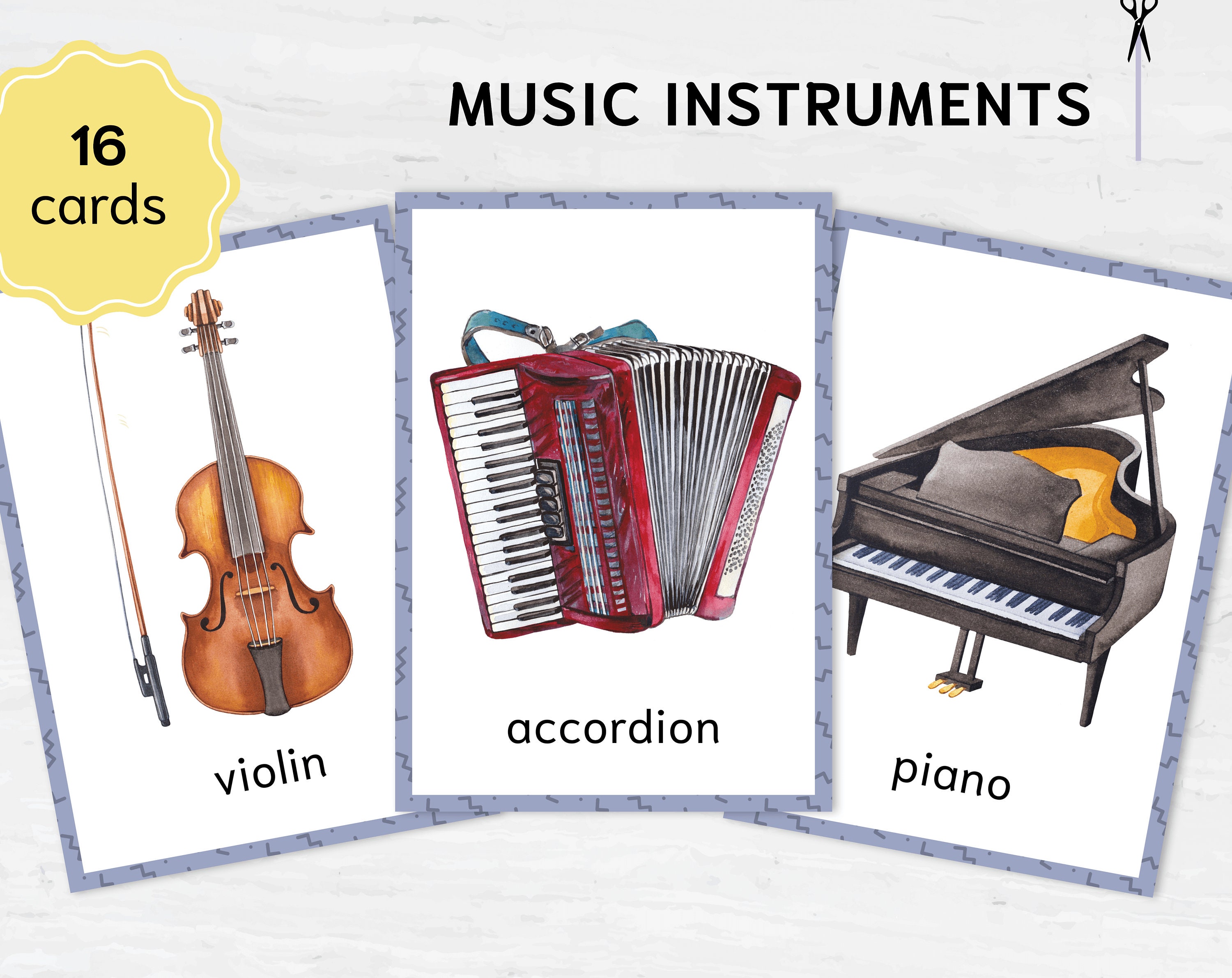 Musical Instruments Flashcards. Printable Watercolor Montessori 3 Part ...