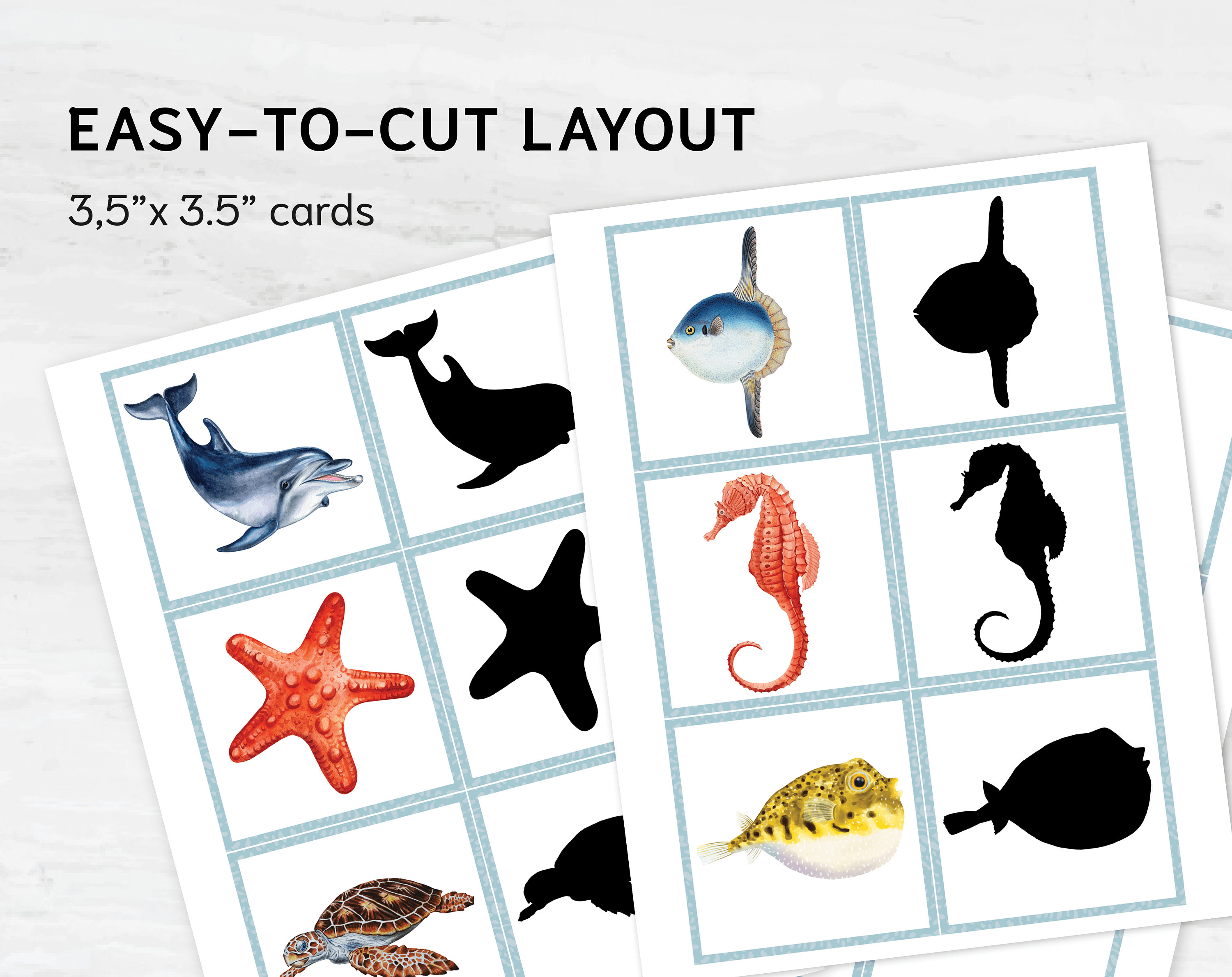 Ocean Shadow Matching Cards. Printable Watercolor Sea Animal Cards ...