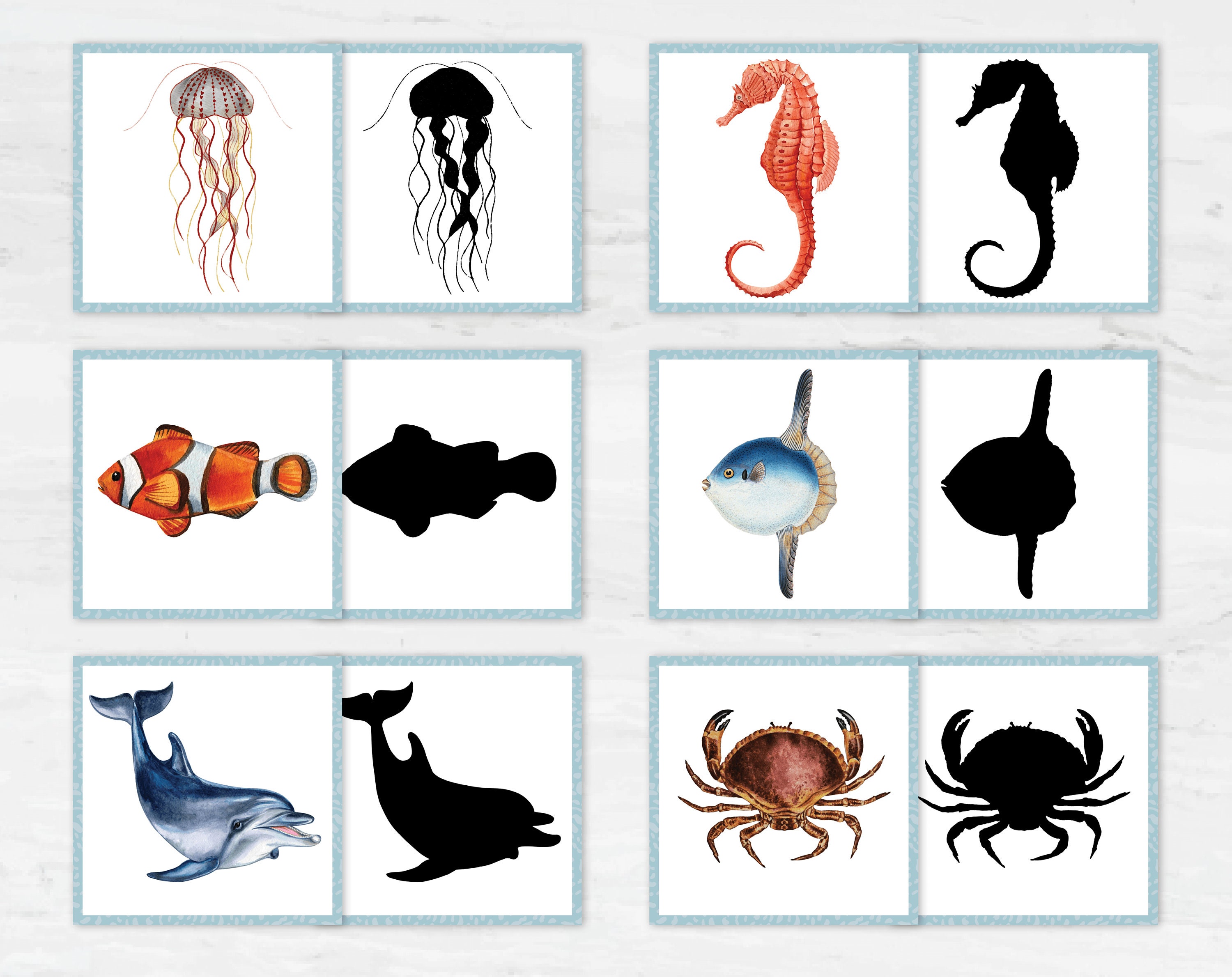 Ocean Shadow Matching Cards. Printable Watercolor Sea Animal Cards ...