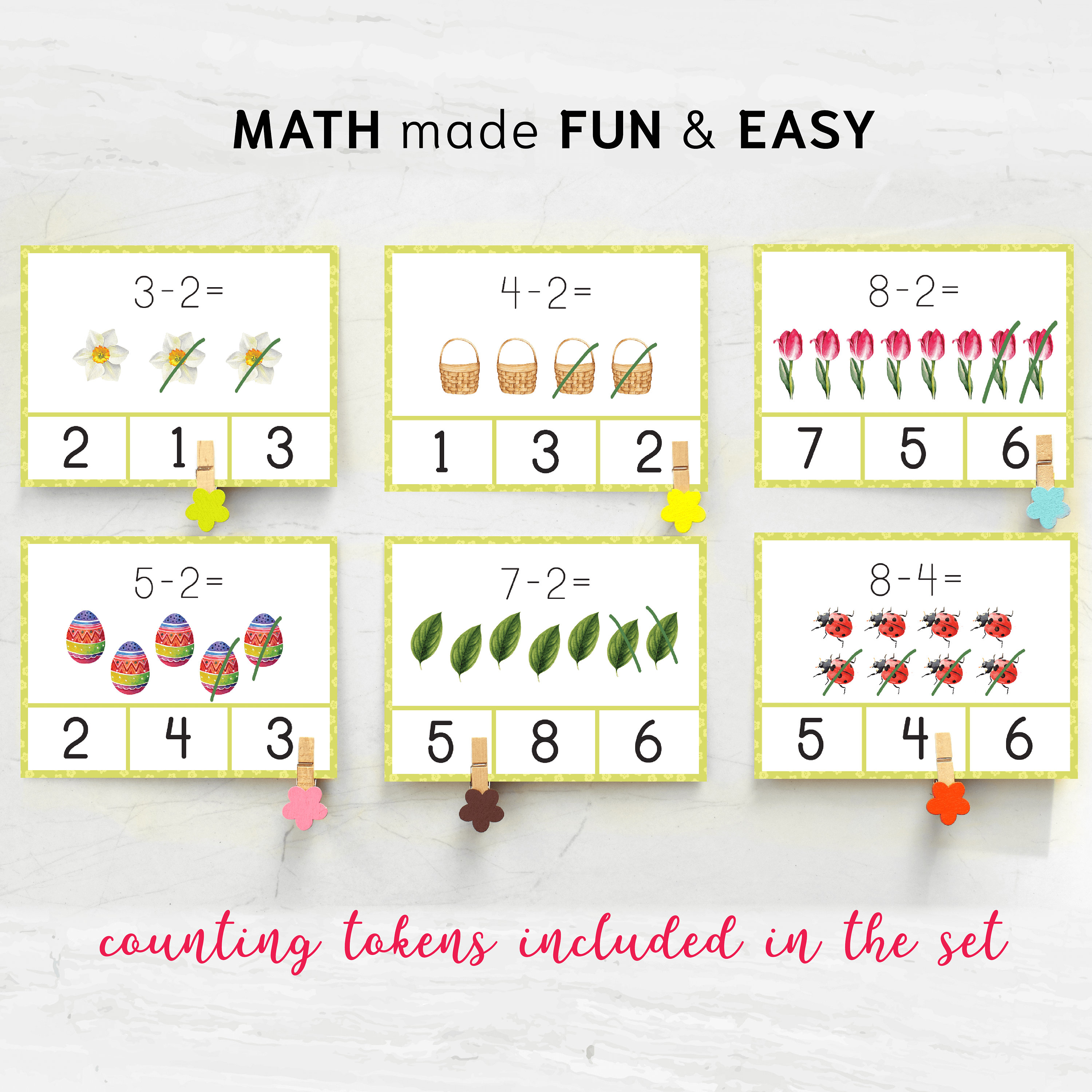 Spring Math Subtraction Clip Cards for Preschool | Montessori Math ...