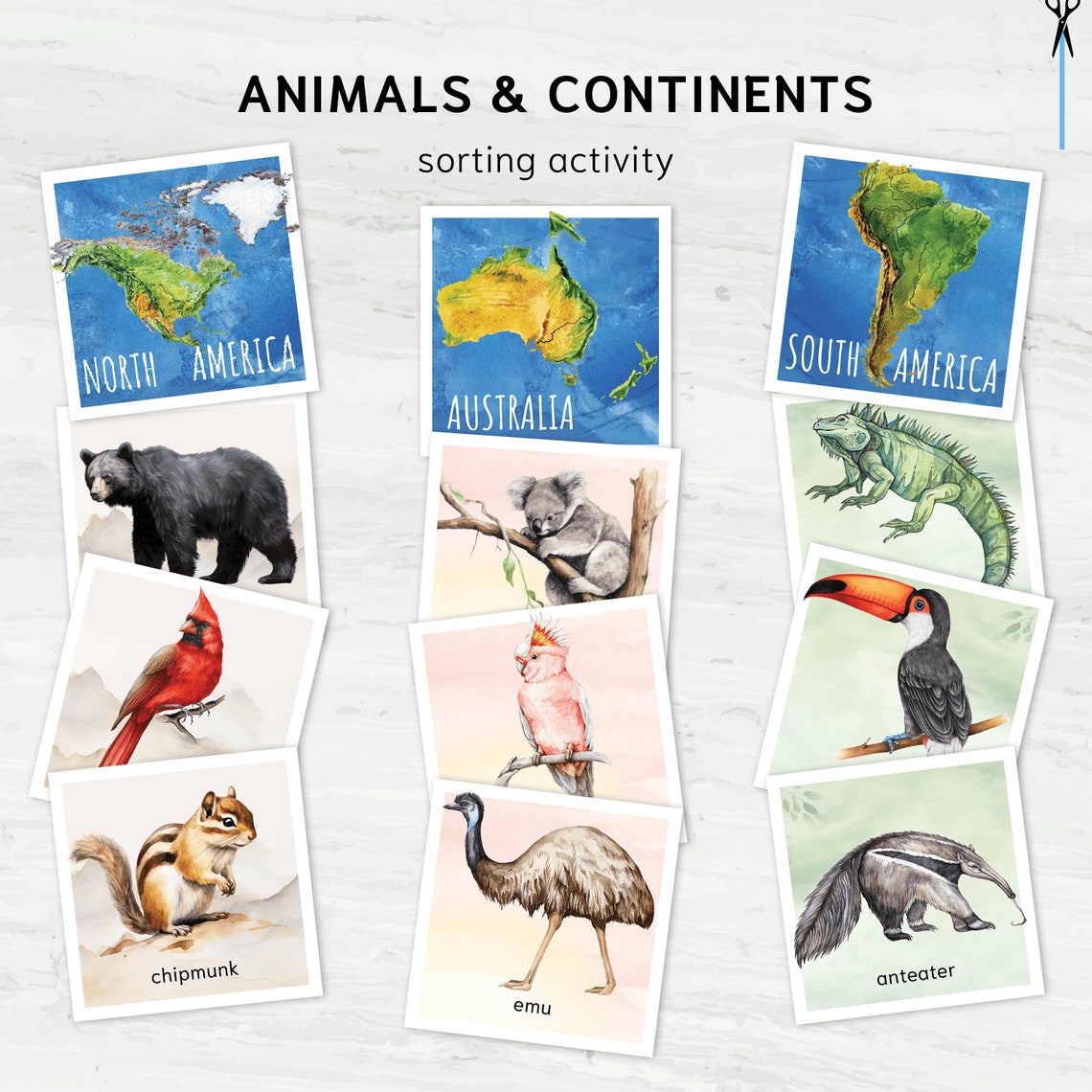 Animals & Continents Matching Adventure. Printable Montessori ...