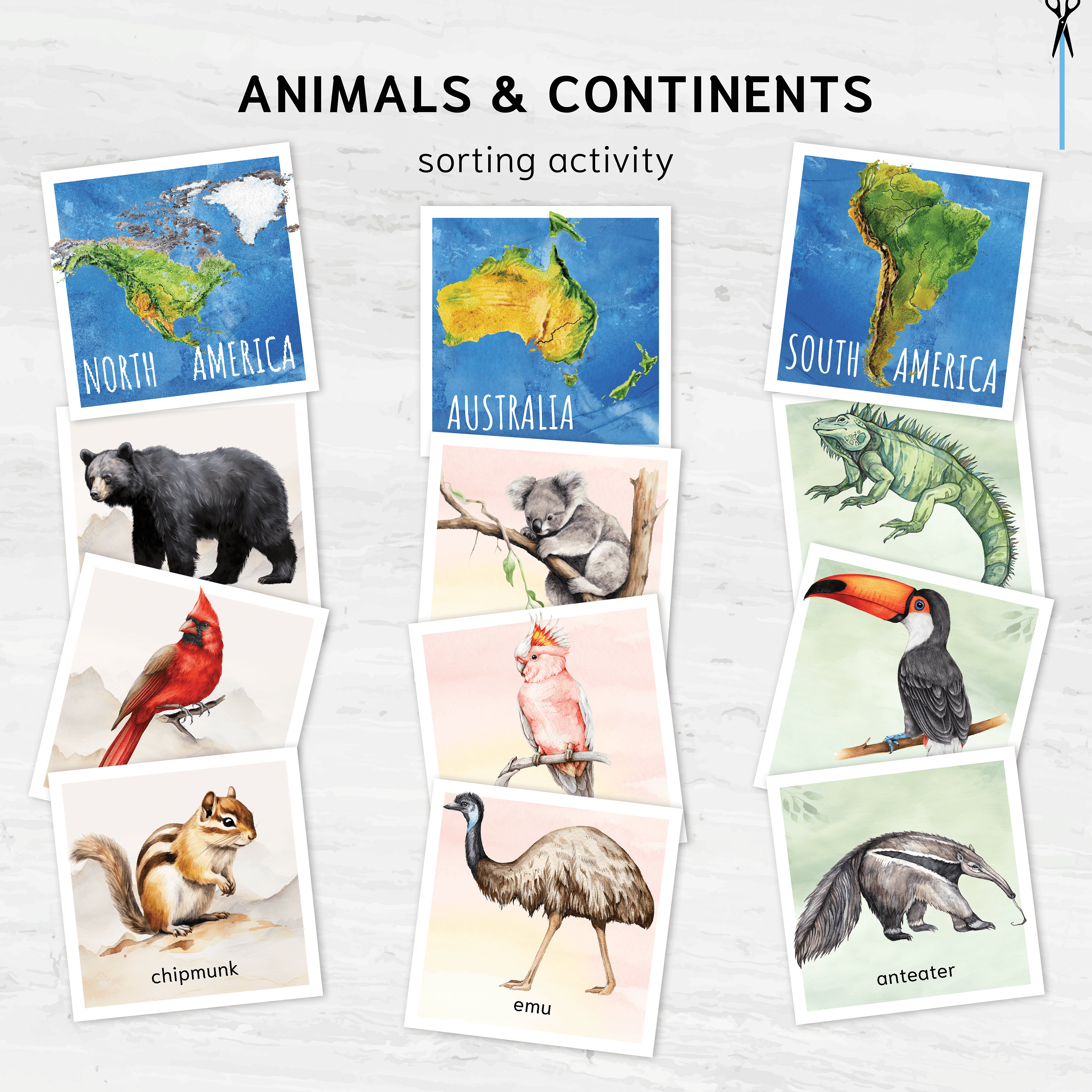 Animals & Continents Matching Adventure. Printable Montessori ...