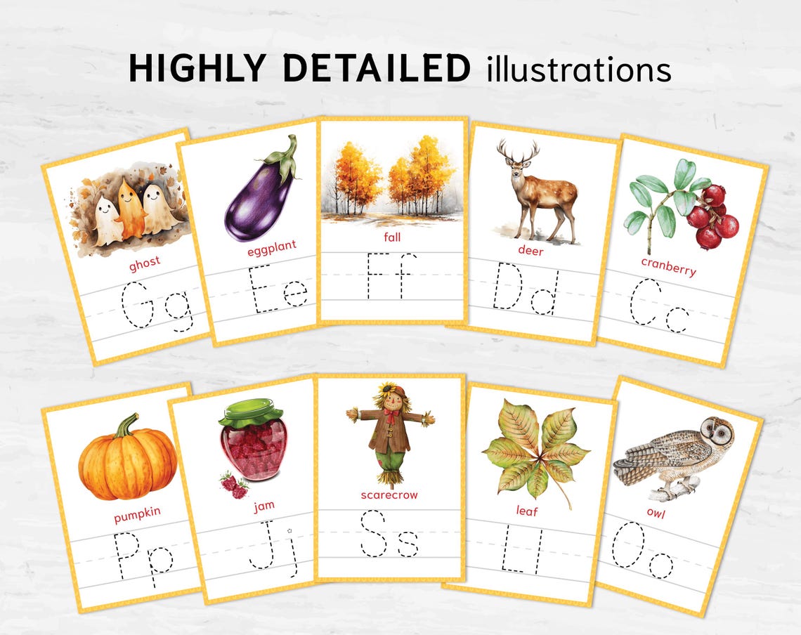 Fall Alphabet Tracing Cards Printable Autumn Themed Letter Learning ...