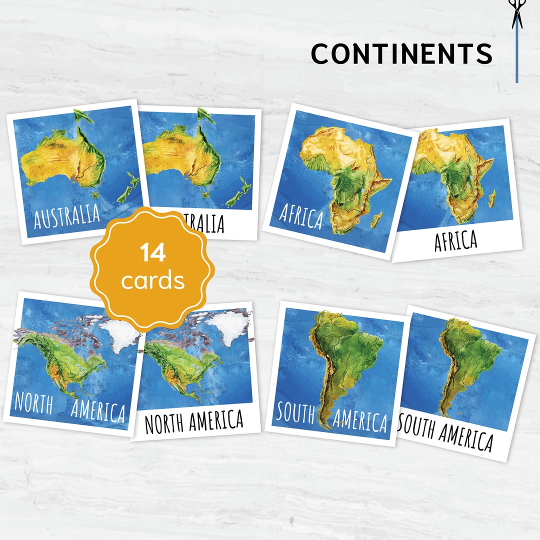 Montessori 7 Continents Flash Cards Geography Learning for Kids - Etsy