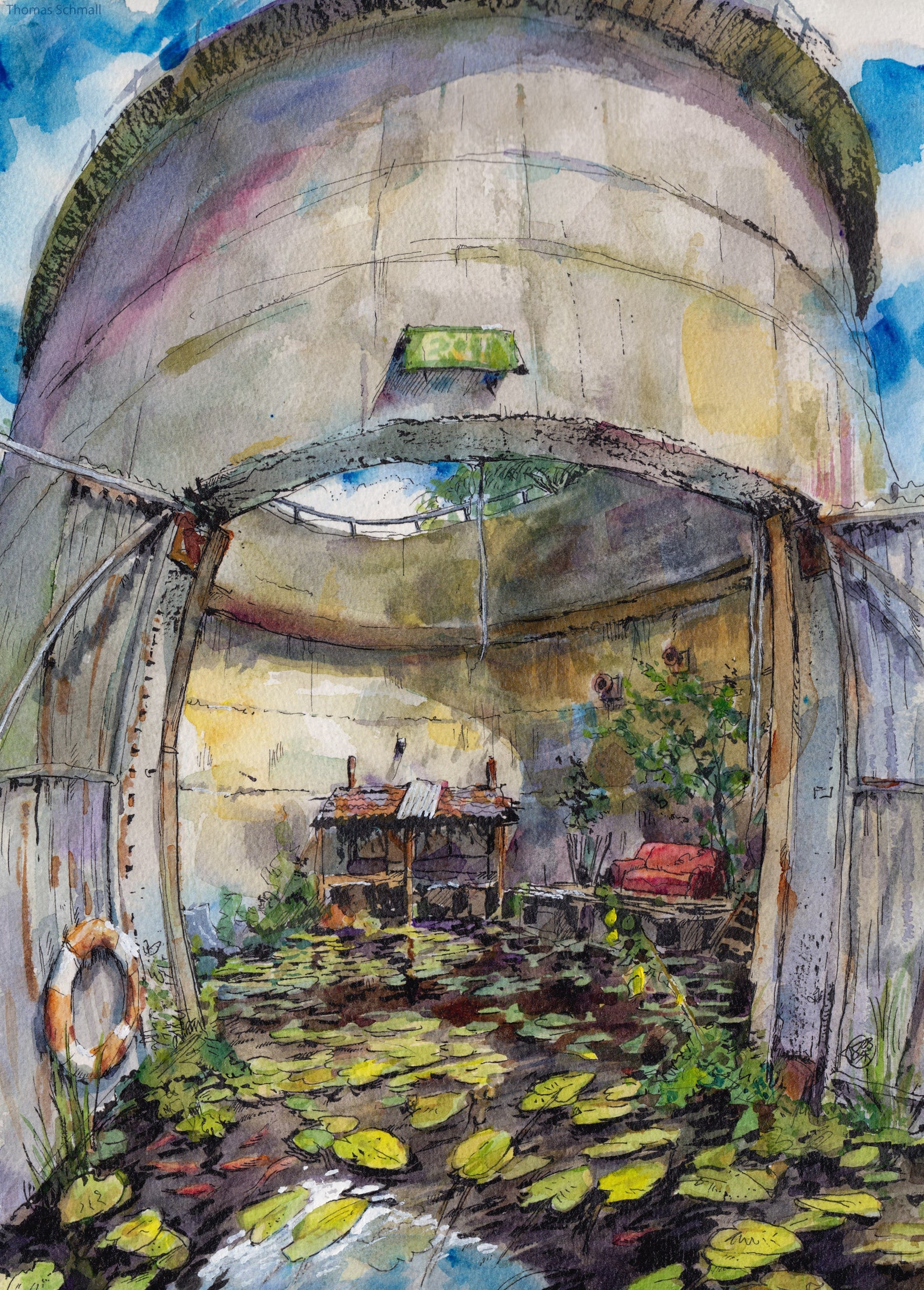 Fish Pond in a Silo – Original Watercolor Painting of Dutch Art Space ...