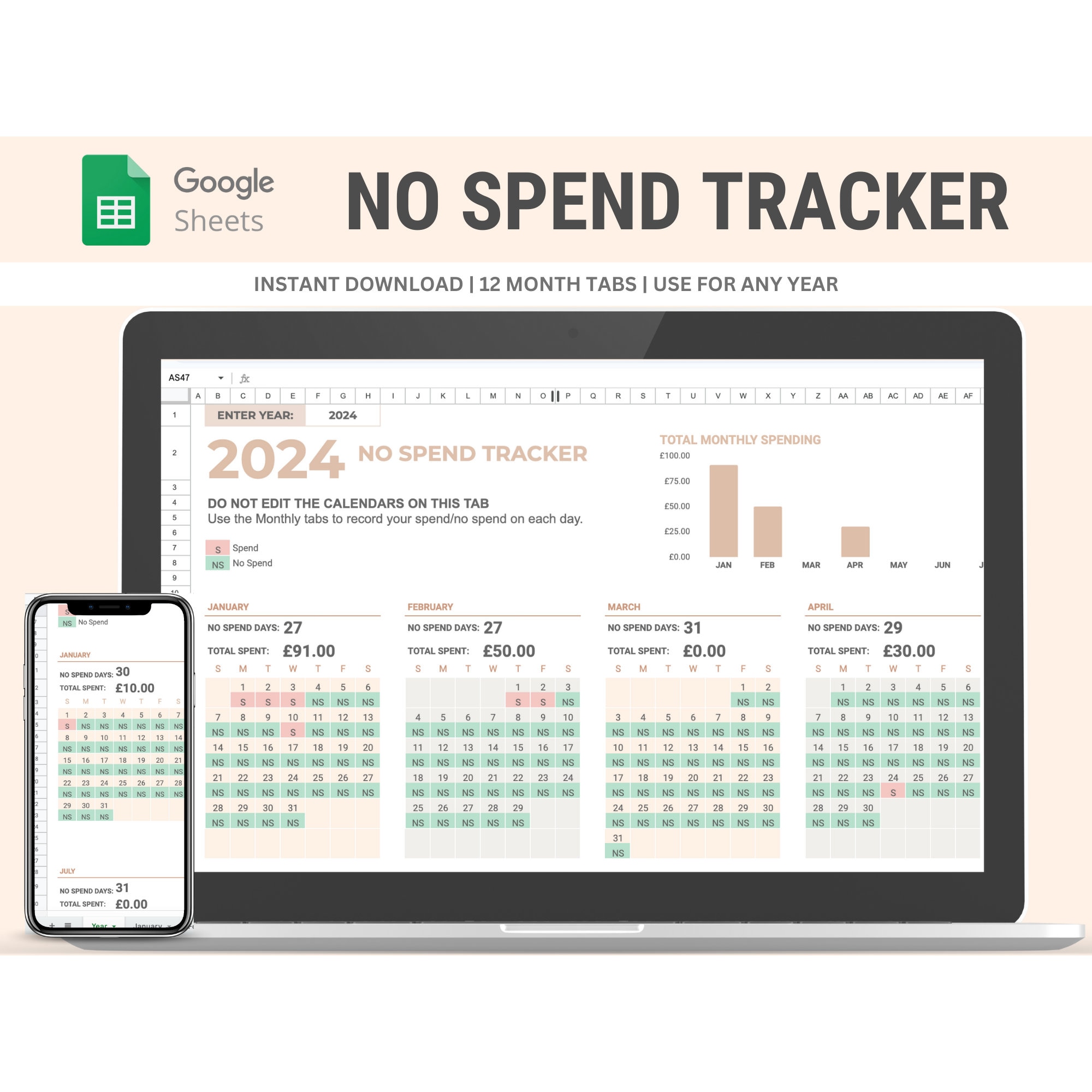 No Spend Budget Tracker: Google Sheets, GBP & USD (digital Download) - Etsy