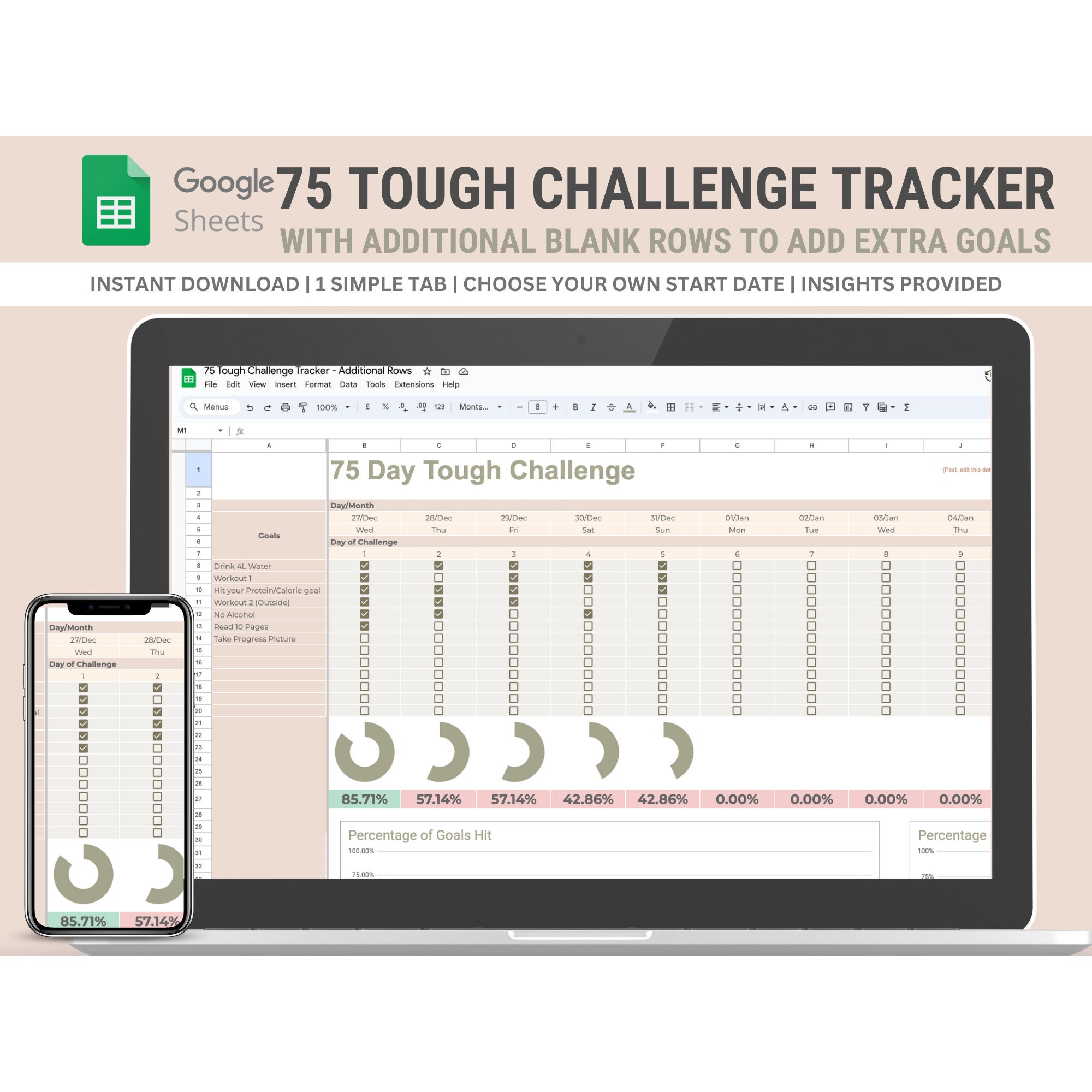 75 Tough Challenge Tracker With Additional Rows to Add Own Goals for ...