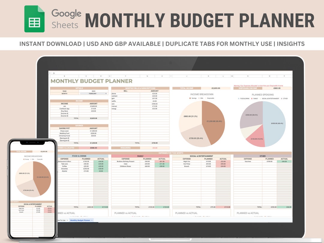 Monthly Budget Planner for Google Sheets Instant Download - Etsy