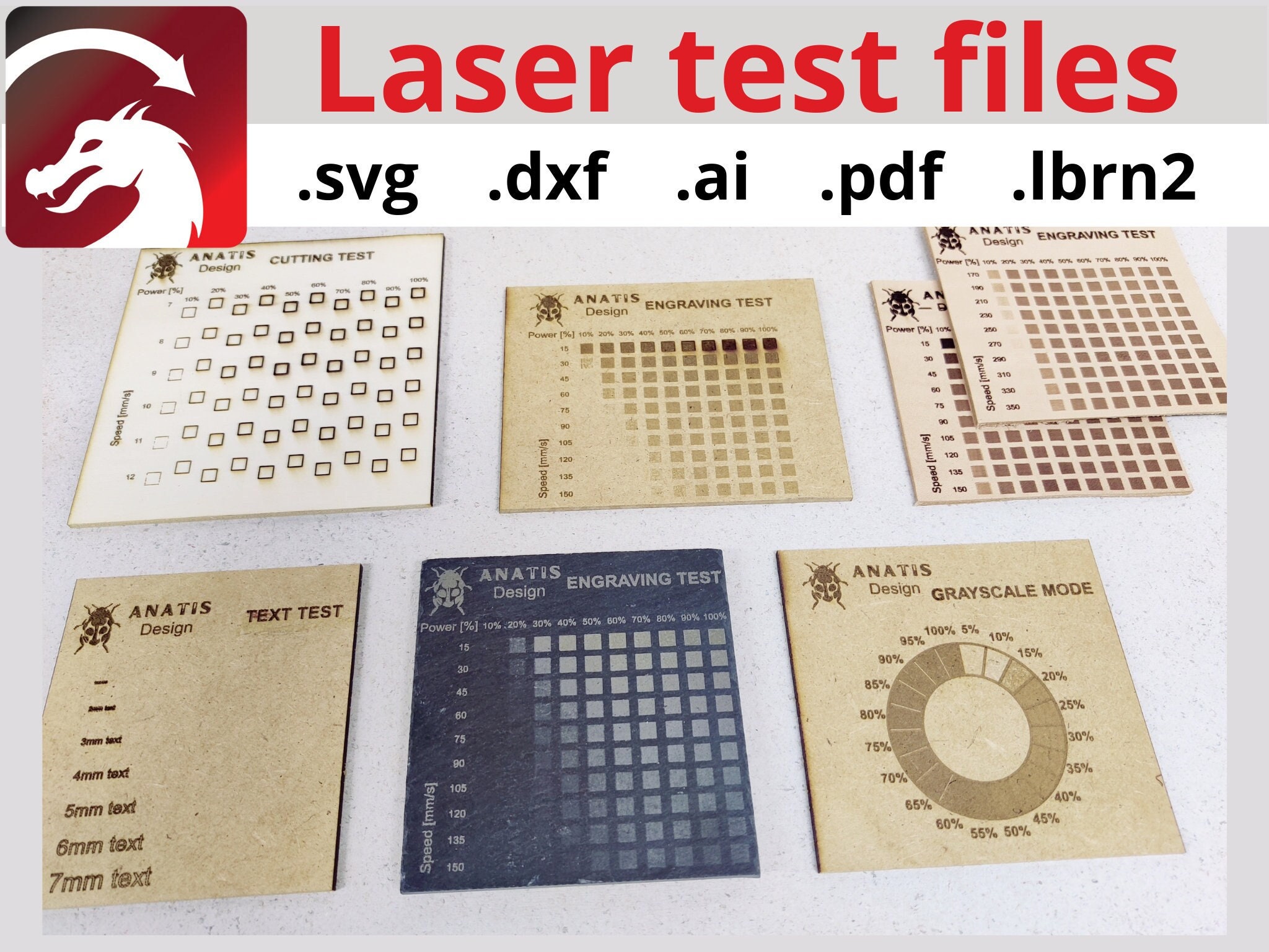 Fichiers de tests laser, Lightburn, Carte de test de matériaux,Découpe ...