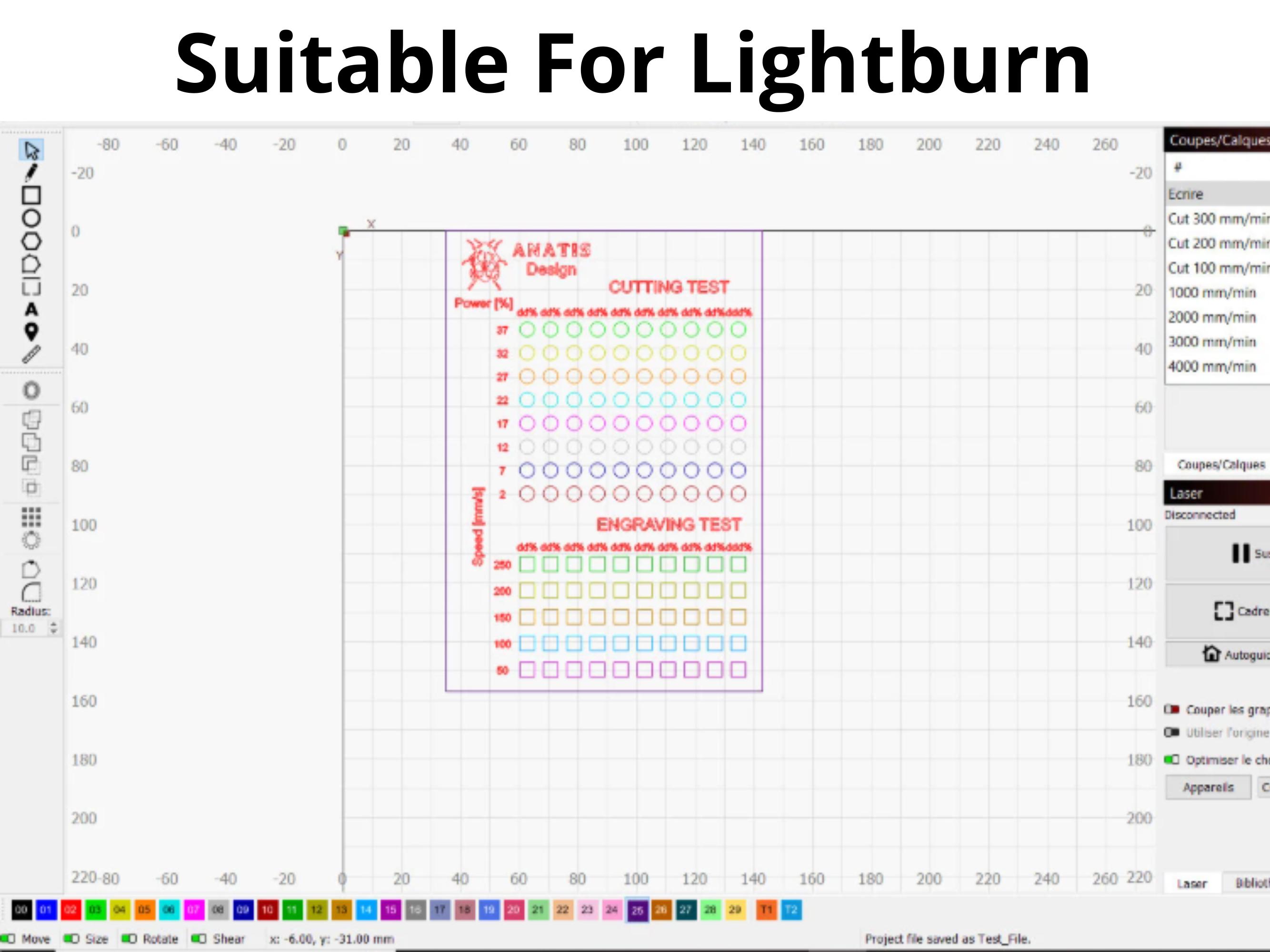 Lightburn Test File, SVG Laser Cutting File, Material Test Chart ...