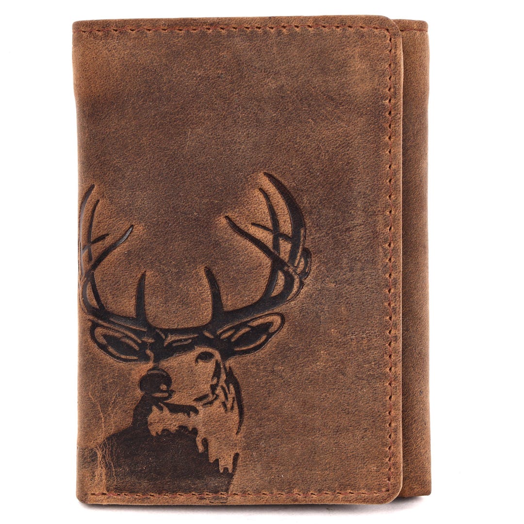 Deer Embossed Leather Trifold Men’s Wallet – Personalized RFID Blocking ...