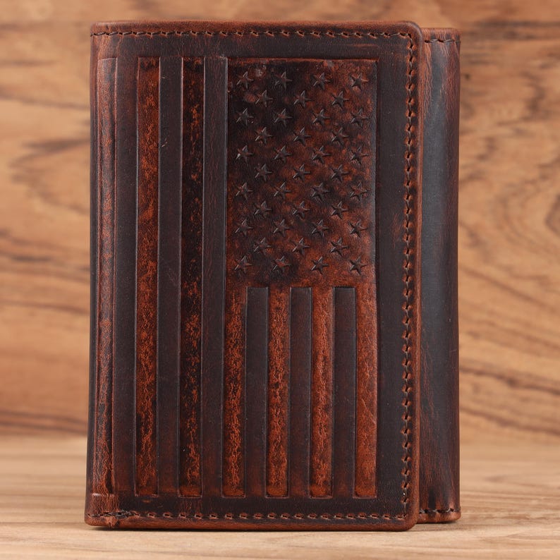 Handmade USA Flag Leather Trifold Wallet: RFID Blocking, Personalized ...