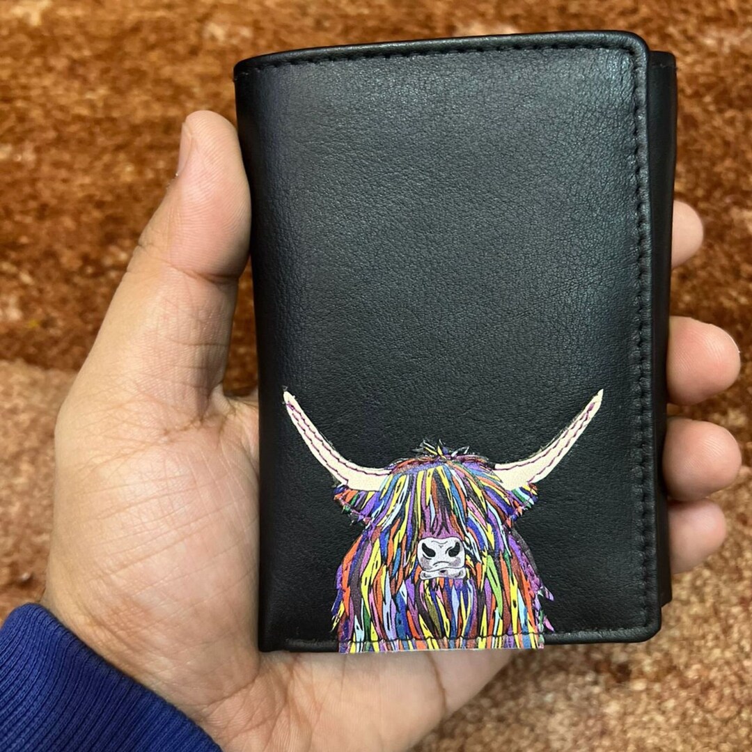 Highland Cow Black Leather Trifold Wallet for Men,rfid,personalized ...