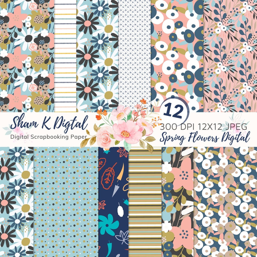 Blue Digital Paper, Blue Flowers Digital, Modern-flower-papers Roses ...