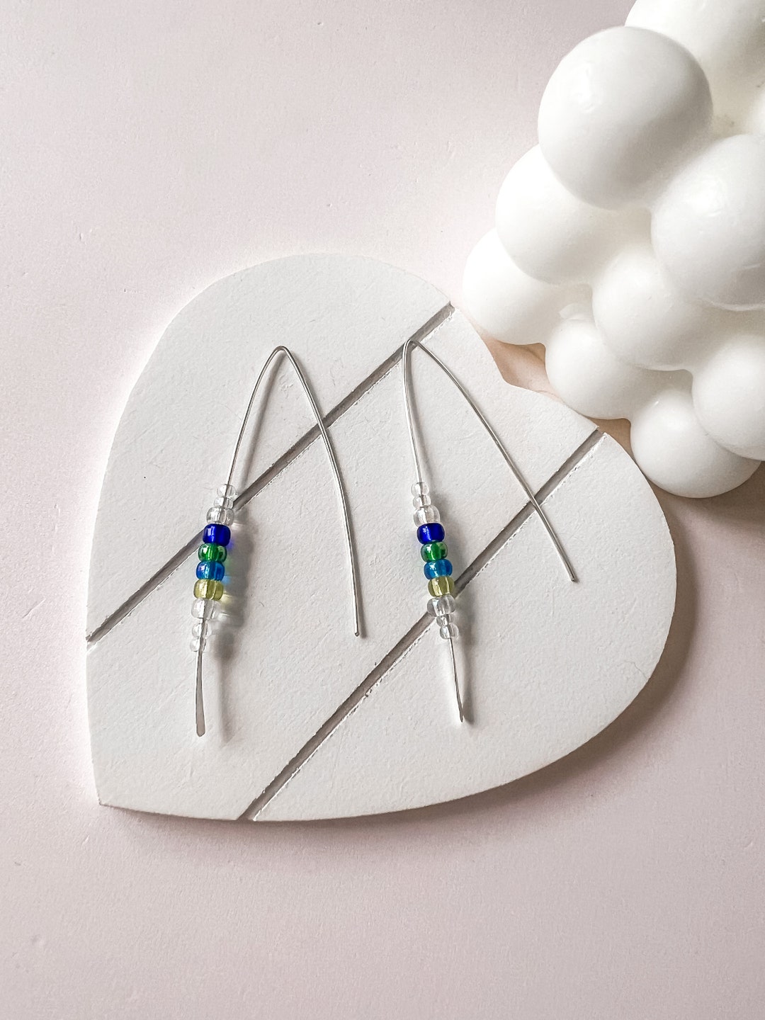 Minimalist Inverted V Ear Wire With Blue, Green and Crystal Seed Beads ...