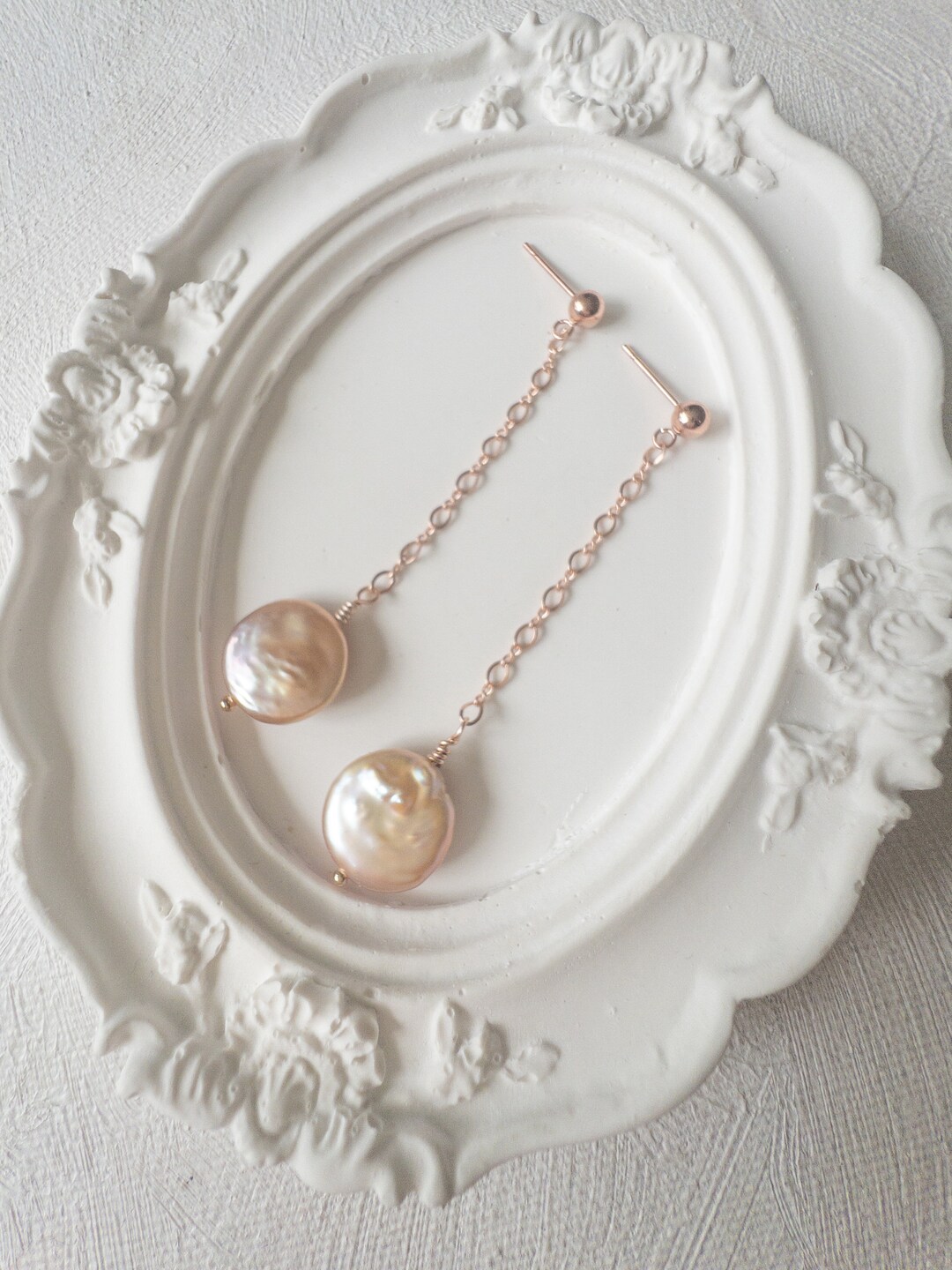 Freshwater Peach Coin Pearl on Figure 8 Cable Chain Dangles From a ...