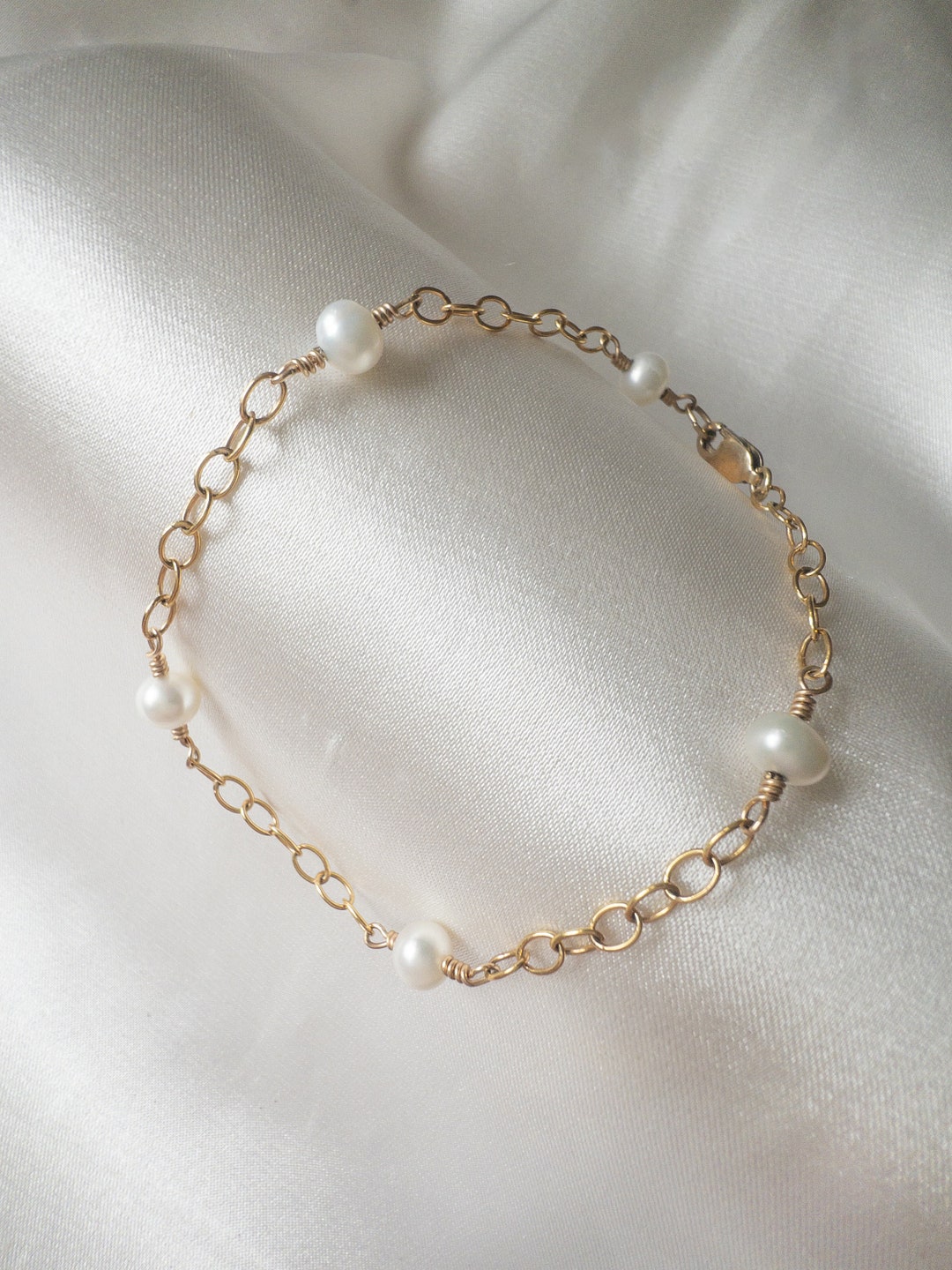 Freshwater Almost Round Pearl and Chain Bracelet. 14K Gold Filled ...