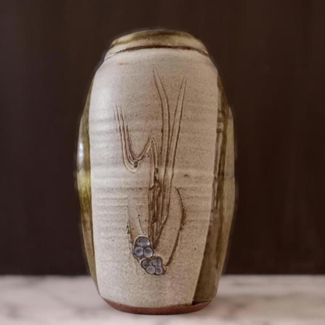 Large 9" Studio Pottery Vase - Hand-etched Organic Motif - Signed Nora ...