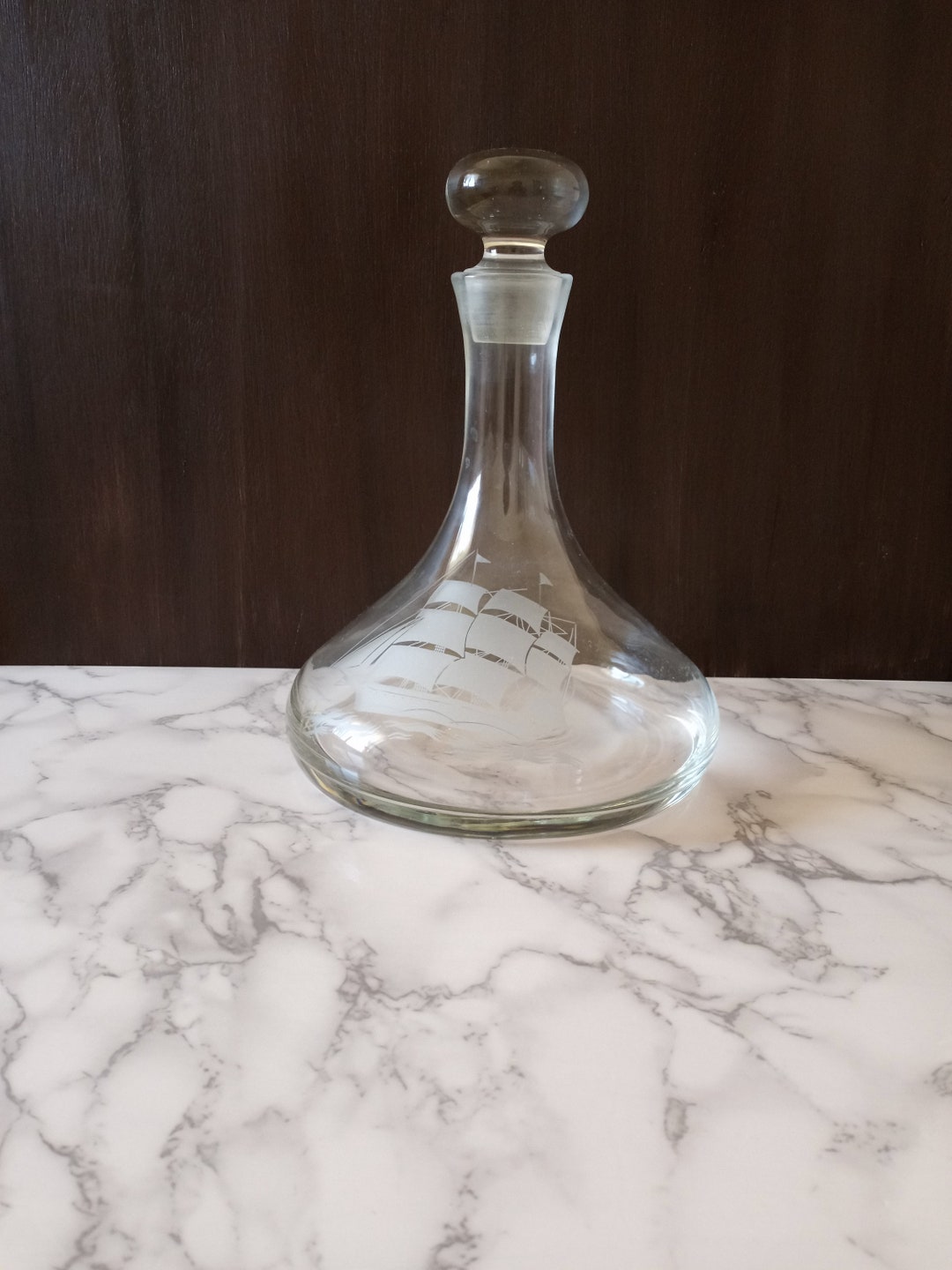 Vintage Toscany Glass Decanter Etched Clipper Ship Nautical Design With ...